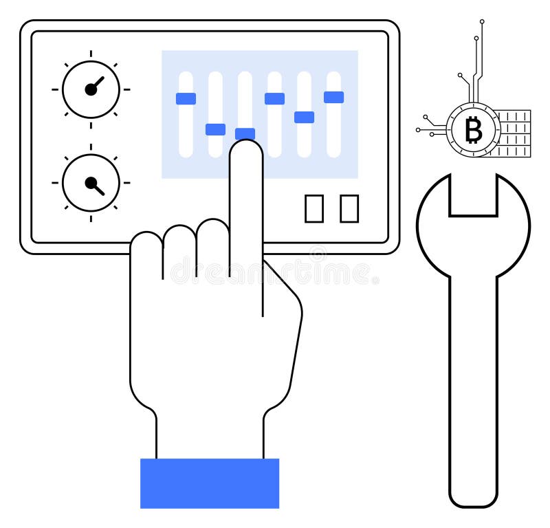 Hand Adjusting Controls on Touchscreen with Bitcoin and Wrench Icons ...