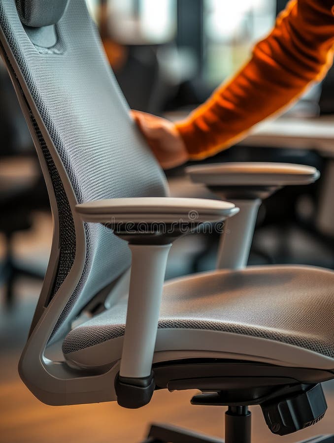 Hand Adjusting Ergonomic Office Chair in a Modern Workspace. Stock ...