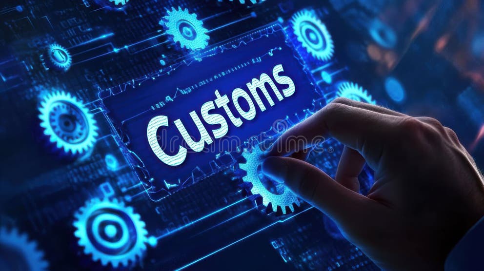 Hand Adjusting a Gear on a Digital Interface Displaying Customs Information in a Futuristic ...