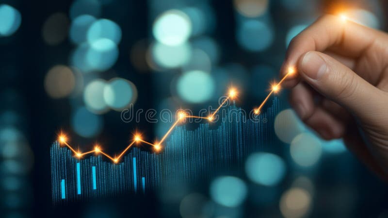 Hand Adjusting Golden Upward Trend Graph on Blue Cityscape Background ...