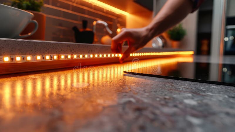 A Hand Adjusting LED Lights on a Modern Kitchen Countertop. Stock Image ...