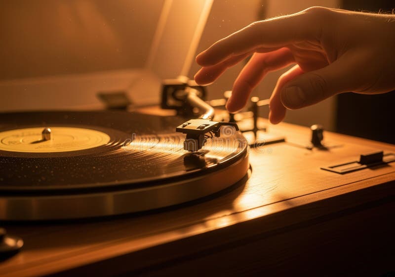 Hand Adjusting Needle on Vintage Record Player with Warm Lighting Stock ...