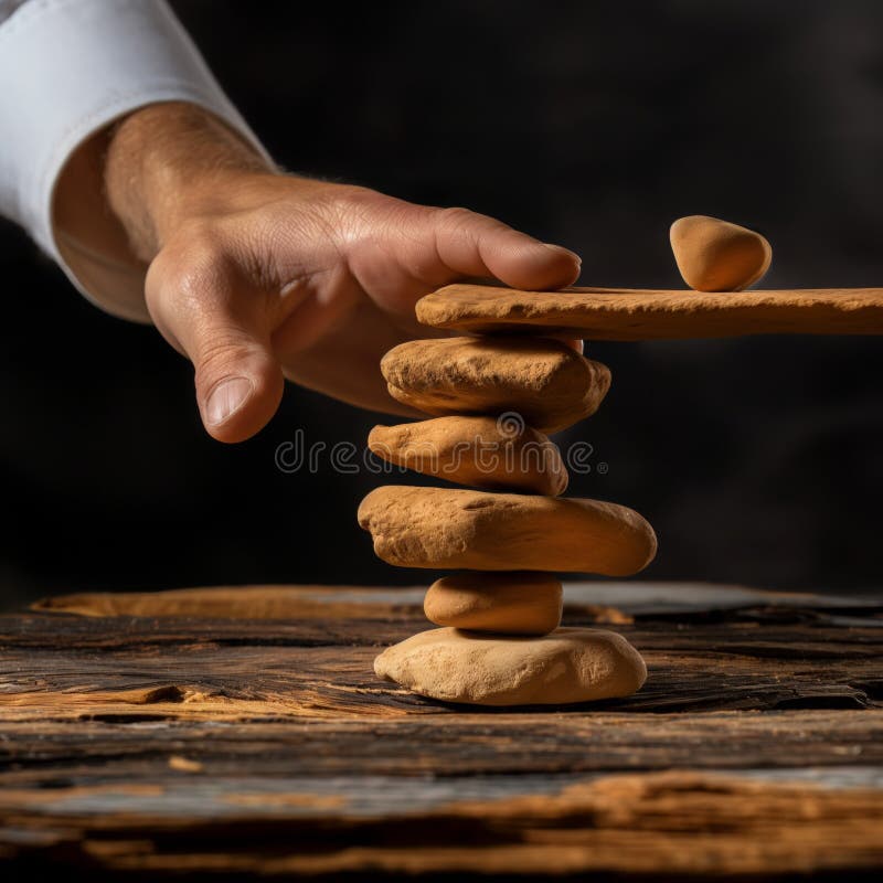 Hand Adjusting a Stack of Balanced Terracotta Stones on a Rustic Wooden ...