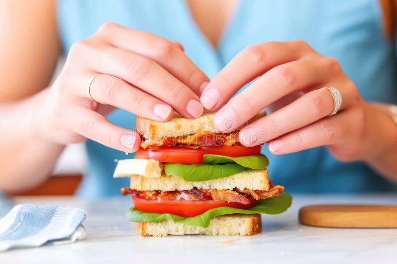 Hand Adjusting the Toasted Bread on Top of a Classic Blt Breakfast ...