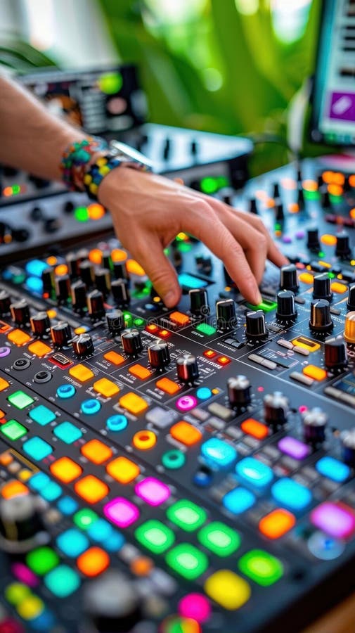 Hand Adjusting Vibrant, Colorful Music Mixer with Electronic Controls ...