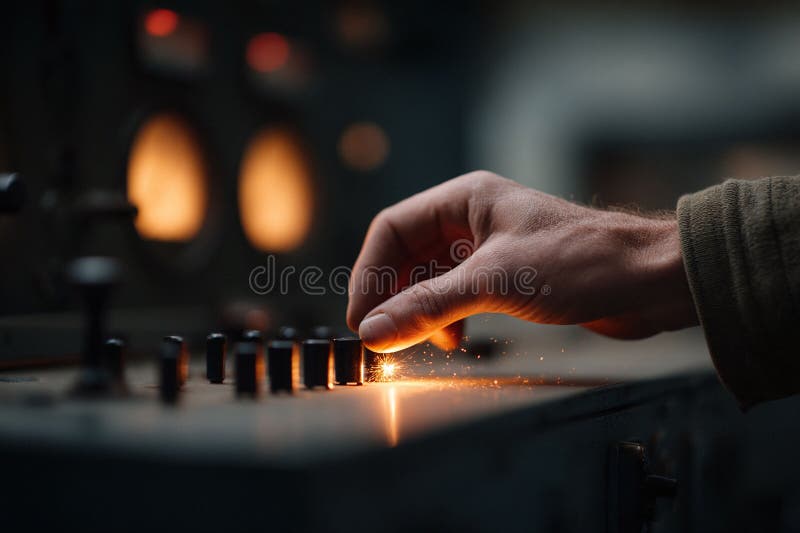 A Hand Adjusts a Control Panel, Sparking a Connection. Represents ...