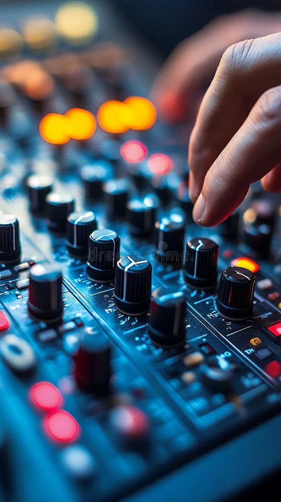 A Hand Adjusts the Knobs of a Professional Audio Mixing Console, Enhancing the Sound in a ...