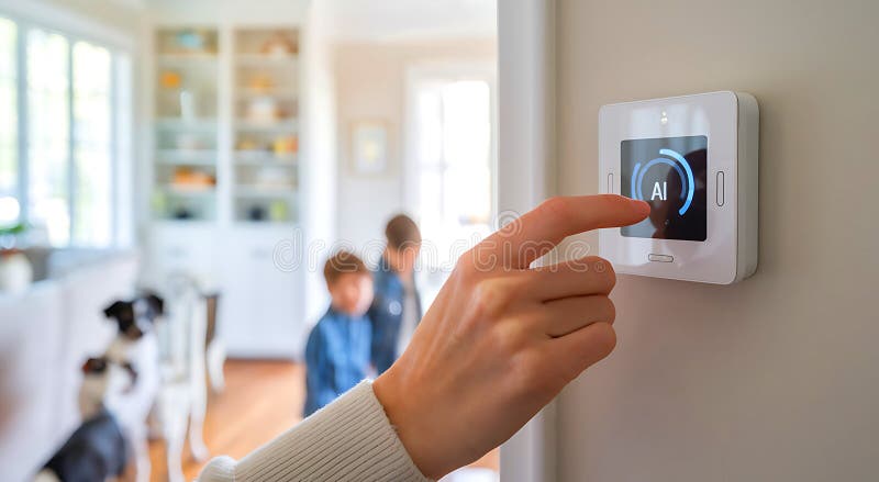 A Hand Adjusts a Smart Home Control Panel on a Wall in a Bright Modern ...
