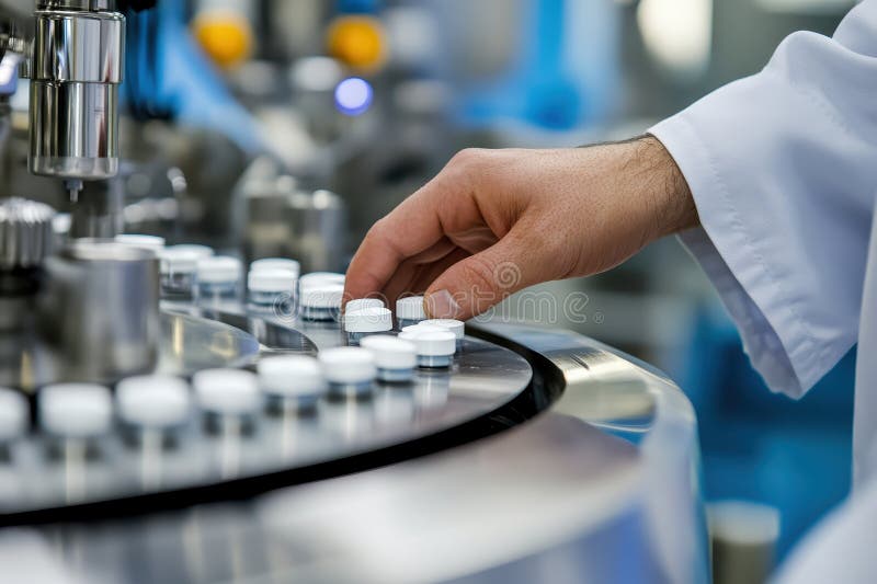 A Hand Adjusts Vials on a Production Line in a Pharmaceutical Lab Stock ...