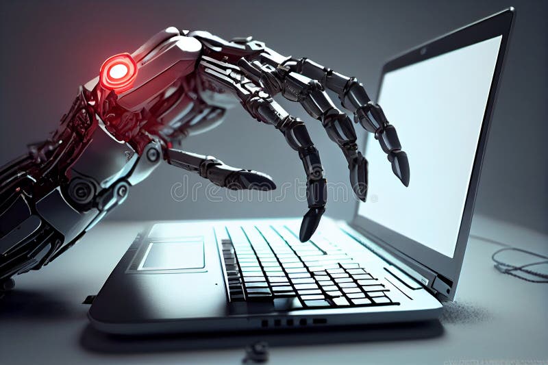 Hand of a Ai or KI Robot is Using the Keyboard of an Computer or Laptop ...