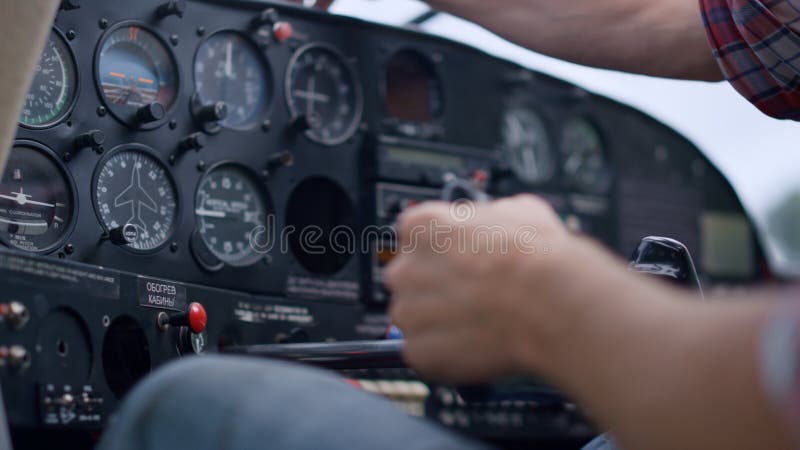 Hand Airman Driving Airplane Checking Indicators Control Panel Close Up ...