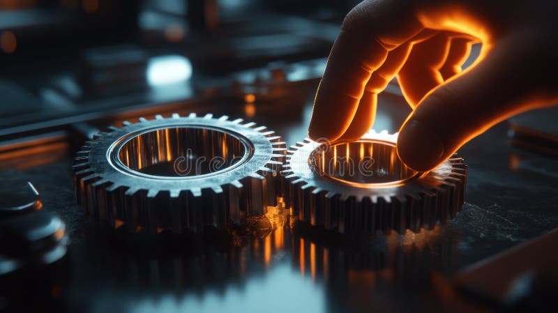 Hand Aligning Gears, Industrial Setting, Glowing Light, Engineering ...