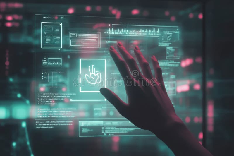 A Hand Approaches a Futuristic Computer Display Filled with Settings ...
