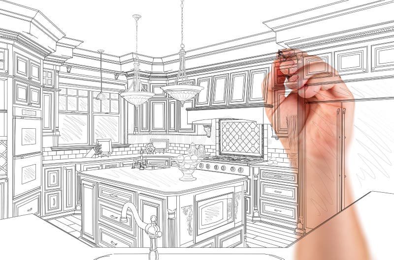 Hand of Architect Drawing Detail of Custom Kitchen Design Stock Photo ...
