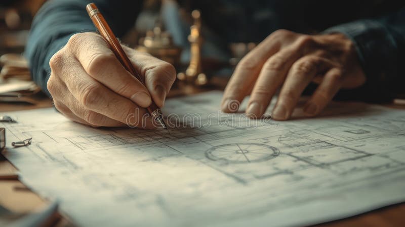 Hand Architect Reviewing Blueprints on Design Table Stock Illustration ...