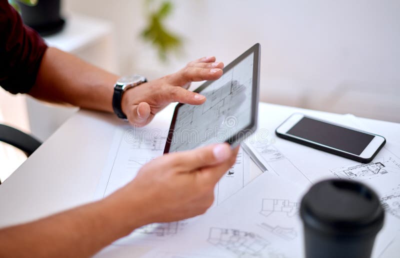 Hand, Architect and Tablet with Person Blueprint for Renovation, Construction Design and Paper ...