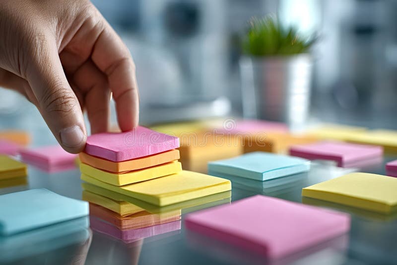 Manager Organizing Notes with Colorful Sticky Papers on Glass Table ...