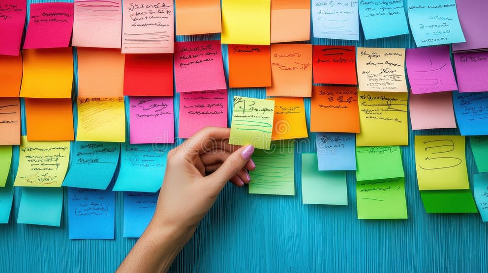 Creative Workspace Organizing Ideas with Sticky Notes in a Bright ...