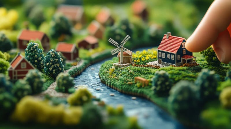 Hand Arranging Miniature Village Model with River and Windmill Stock ...