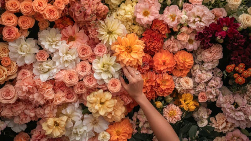 Hand Arranging Peach Orange Pink White Flowers Stock Illustration ...