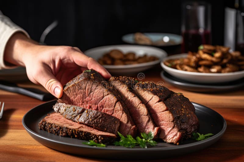 Hand Arranging Slices of Stout-soaked Beef Brisket on a Plate Stock ...
