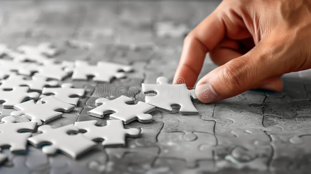 Hand Arranging White Puzzle Pieces on Grey Surface. Concept of ...