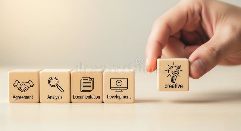 Hand Arranging Wooden Blocks with Icons Representing Agreement, Analysis, Documentation ...