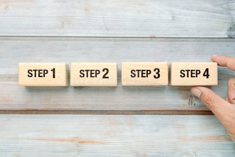 Hand Arranging Wooden Blocks Labeled Step 1 To Step 4 on Wooden Table ...