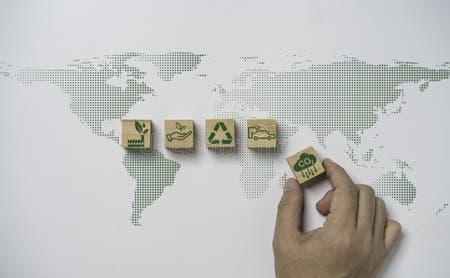Hand Array CO2 Reducing ,Recycle ,Green Factory Icon on World Map for Decrease CO2 , Carbon ...