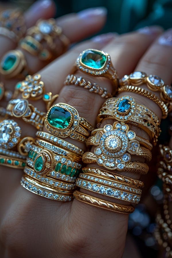 Hand with an Array of Stacked Delicate Rings Stock Image - Image of ...
