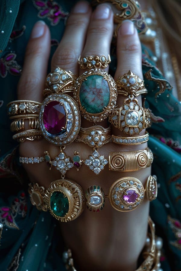 Hand with an Array of Stacked Delicate Rings Stock Image - Image of ...