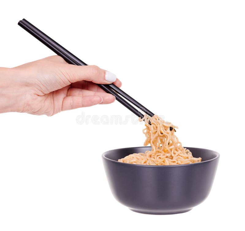 Hand with Asian Instant Noodle in Dark Bowl, Isolated on White ...