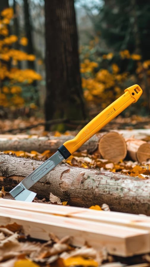 A Hand Axe with a Yellow Handle Rests on a Log in a Forest Setting. the ...