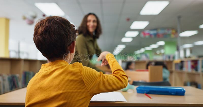 Hand, Back and Kid with Question in Library for Education Service ...