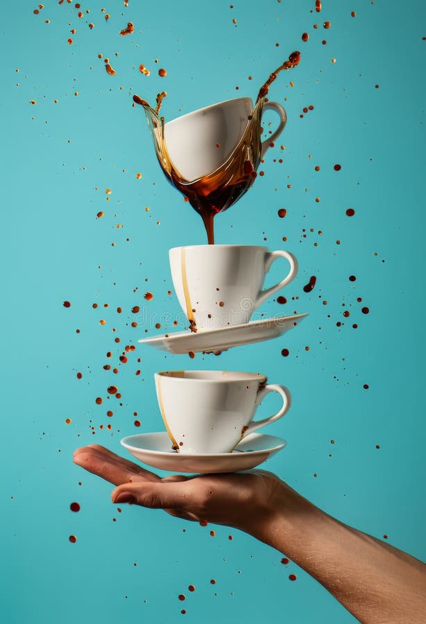 Hand Balancing Stack of Tea Cups with Coffee Splashing Against ...