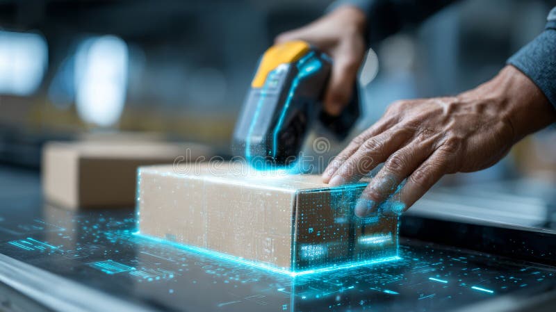 Hand Barcode Scanner Cardboard Box Technology Logistics Shipping Digital Warehouse Futuristic ...