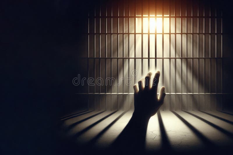 A Hand Behind the Bars, Reaching for the Light. Space for Text. Stock ...