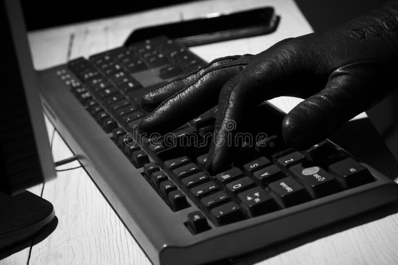 Black Glove On Computer Keyboard Stock Image - Image of code, control ...