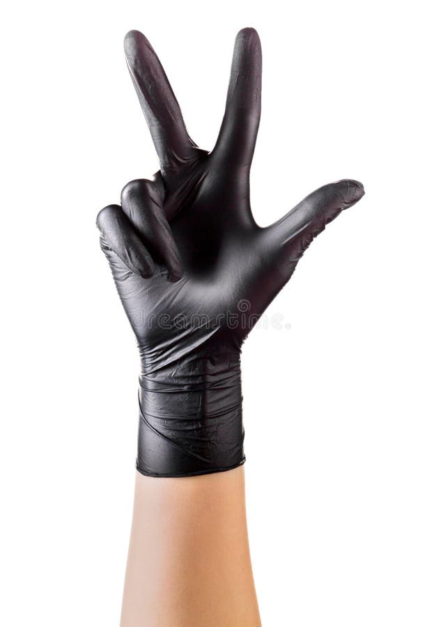 Hand in Black Gloves Showing 3 Fingers and Counting Isolated on Black ...