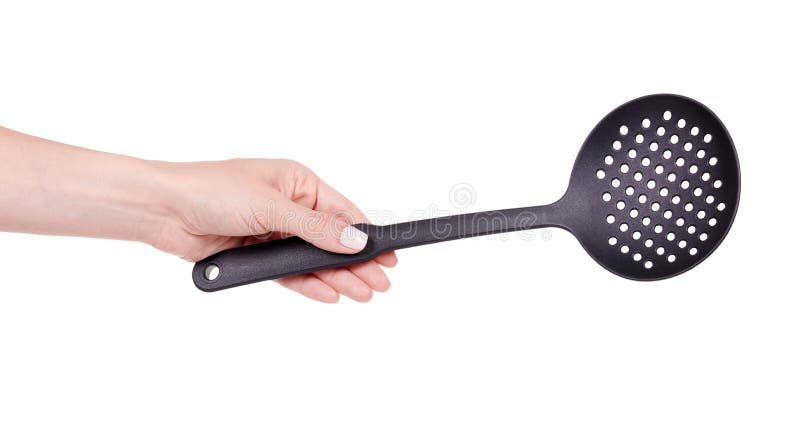 Hand with Black Plastic Ladle, Kitchen Utensil. Isolated on White ...