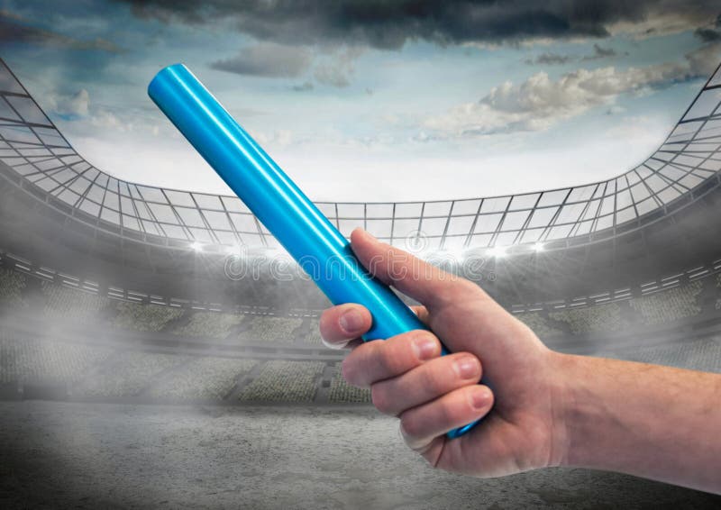 Hand with Blue Baton Against Stadium with Flares Stock Image - Image of ...