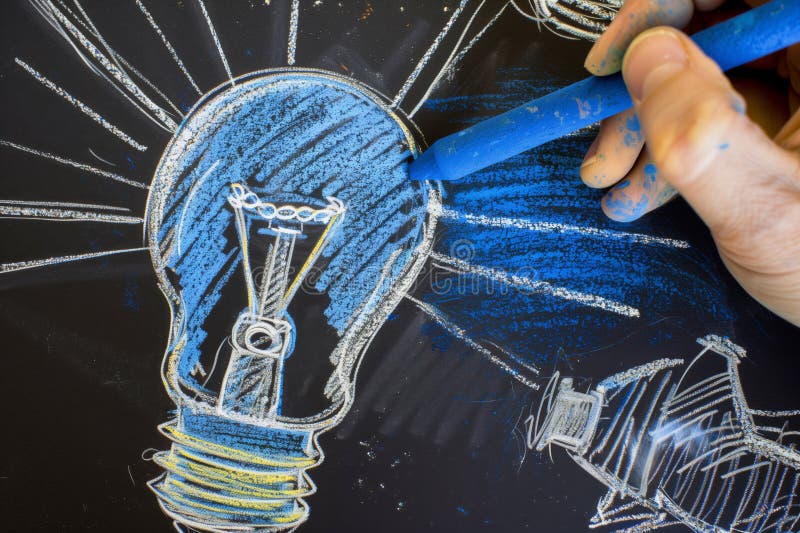 Hand with Blue Chalk Adding Rays To Light Bulb Drawing Stock Image ...