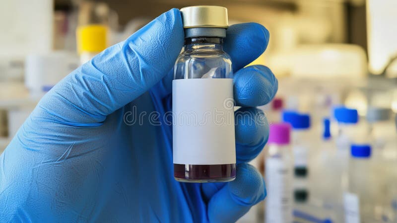 A Hand in a Blue Glove Holding a Vial Filled with Liquid in a ...