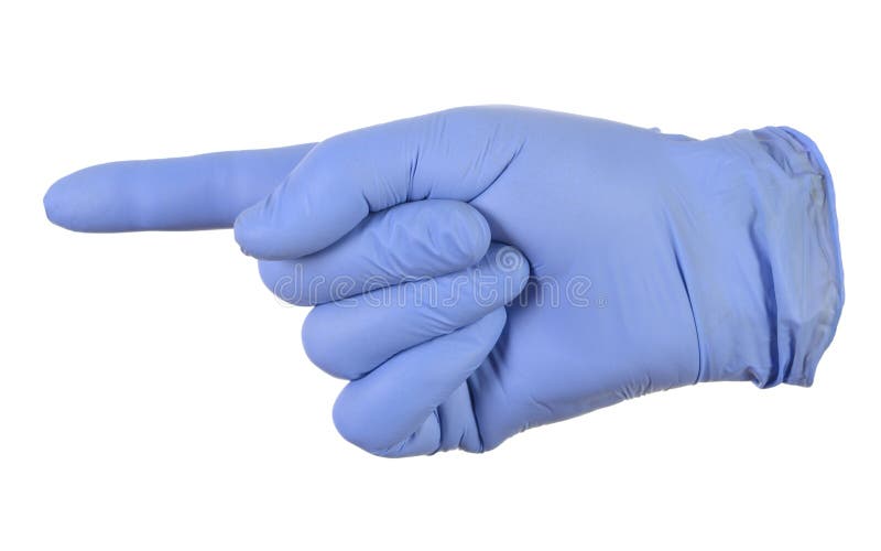 Hand in Blue Glove, Index Finger Pointing Down Stock Image - Image of ...