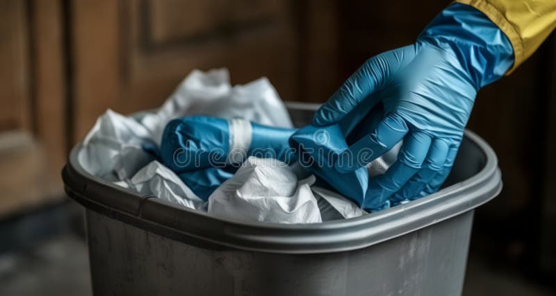 Hand in Blue Glove Reaching into Trash Can Stock Illustration ...