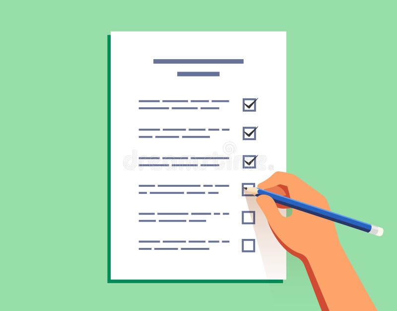 Hand with Blue Pencil Filling Out a Checklist, Vector Illustration ...