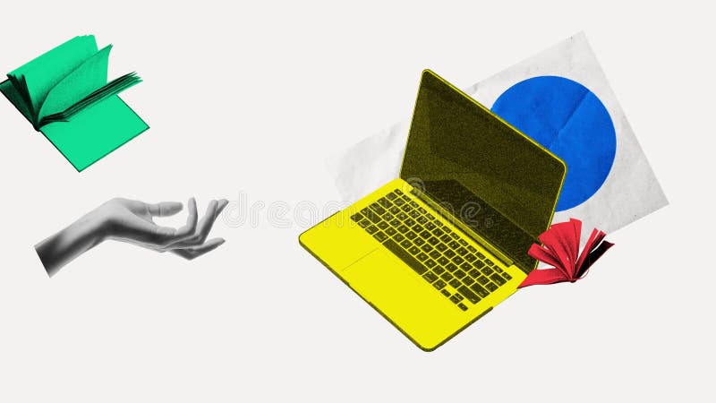 Hand with Book Next To Laptop. Access To Online Courses and Libraries ...