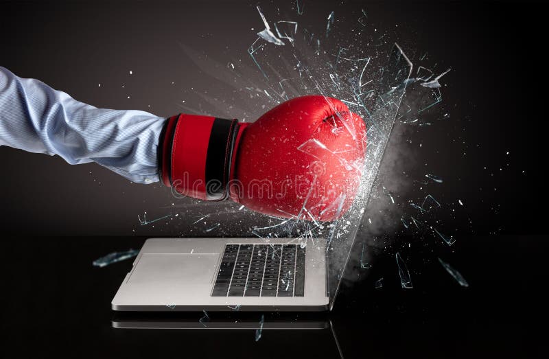 Hand boxing laptops screen stock photo. Image of break - 163764580