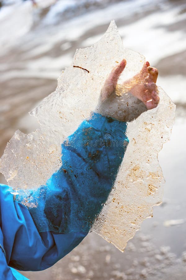 Hand of a Boy Holding a Large Transparent Thin Piece of Ice Stock Photo ...
