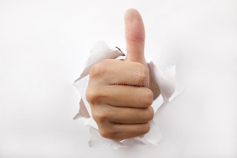 Hand Break through the Paper with Thumb Up Stock Image - Image of power ...